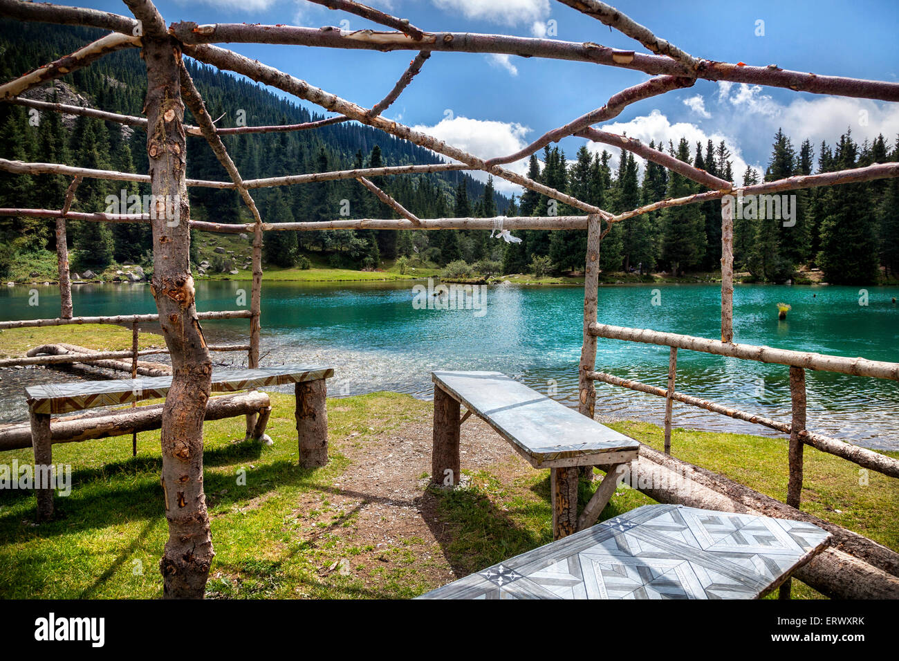 Summerhouse near mountain Saint lake in Gregory gorge of Kyrgyzstan ...