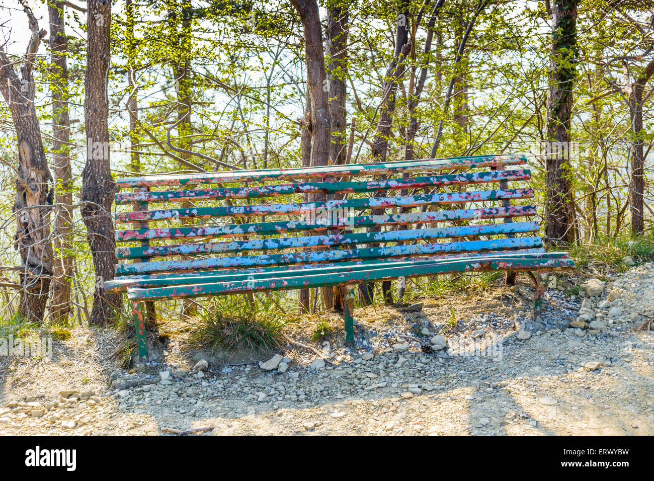 Grungle blue bench and crossed branches of trees in the countryside of ...