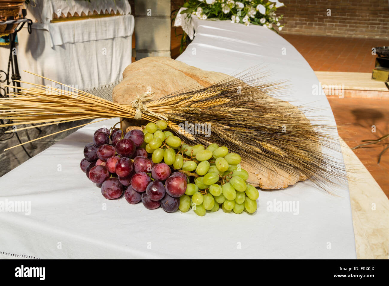 bread, grapes and wheat as a symbol of Christian Communion in a ...