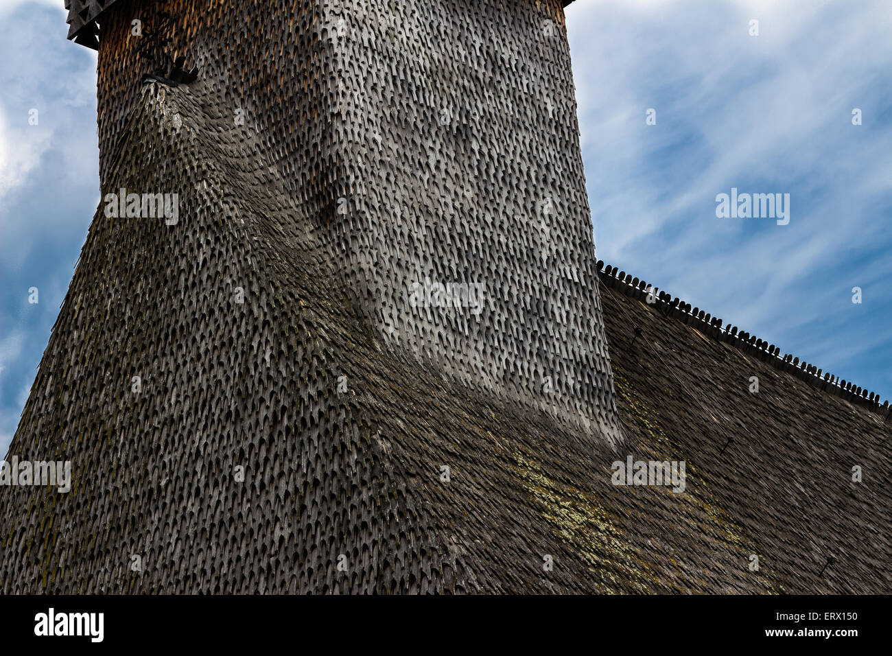 Roof with wooden shingles of a traditional romanian church in maramures ...