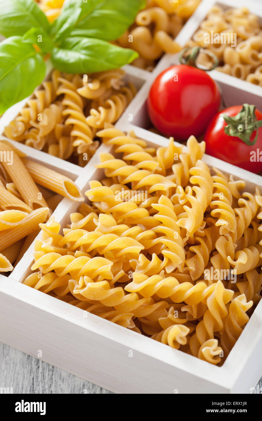 various raw wholegrain pasta in white wooden box Stock Photo - Alamy