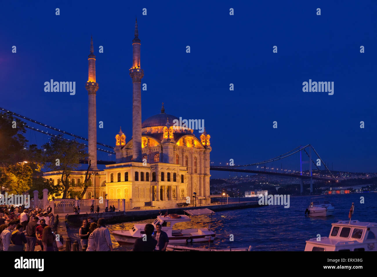 Ortakoy Bosphorus waterfront with the first Bosphorus bridge, Istanbul ...