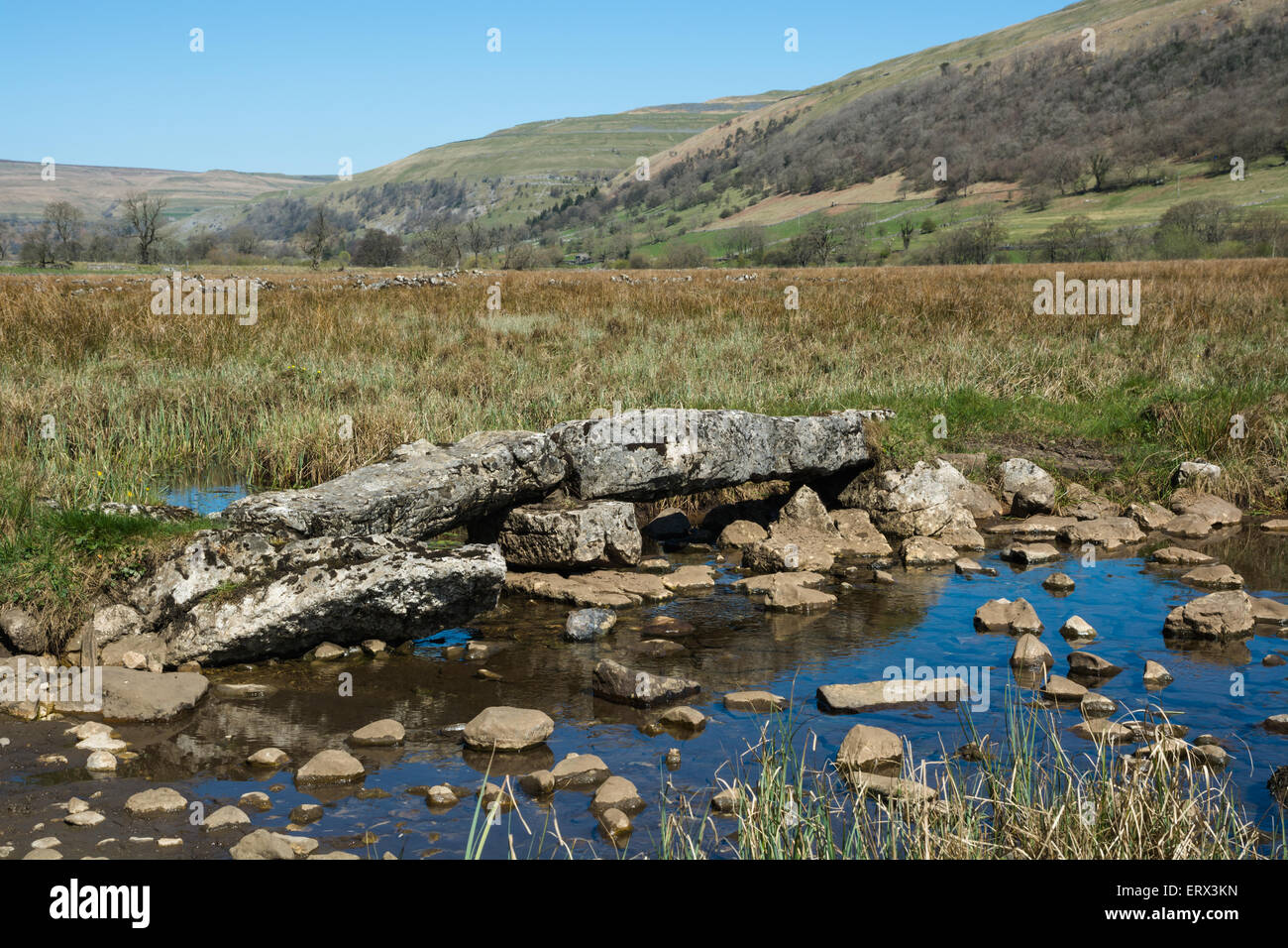 An old clapper bridge in Wharfedale in the Yorkshire Dales Stock Photo ...