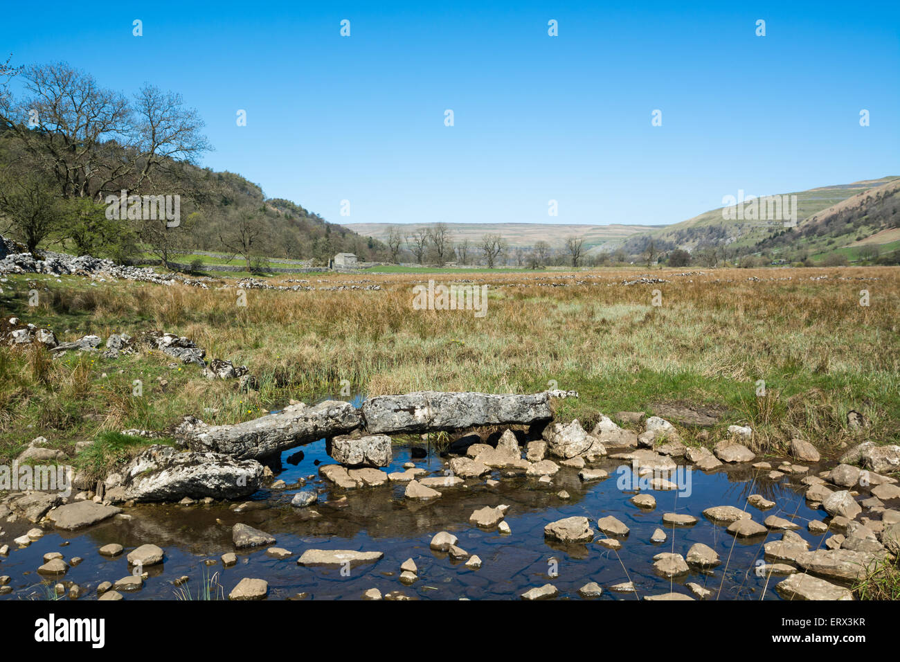 An old clapper bridge in Wharfedale in the Yorkshire Dales Stock Photo ...