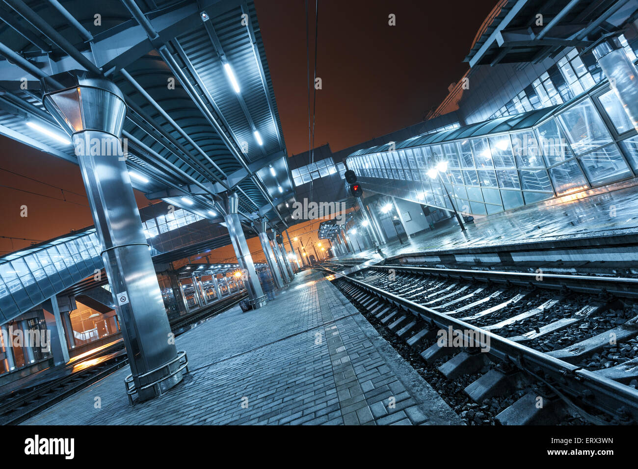 Railway station at night. Train platform in fog. Railroad in Donetsk ...