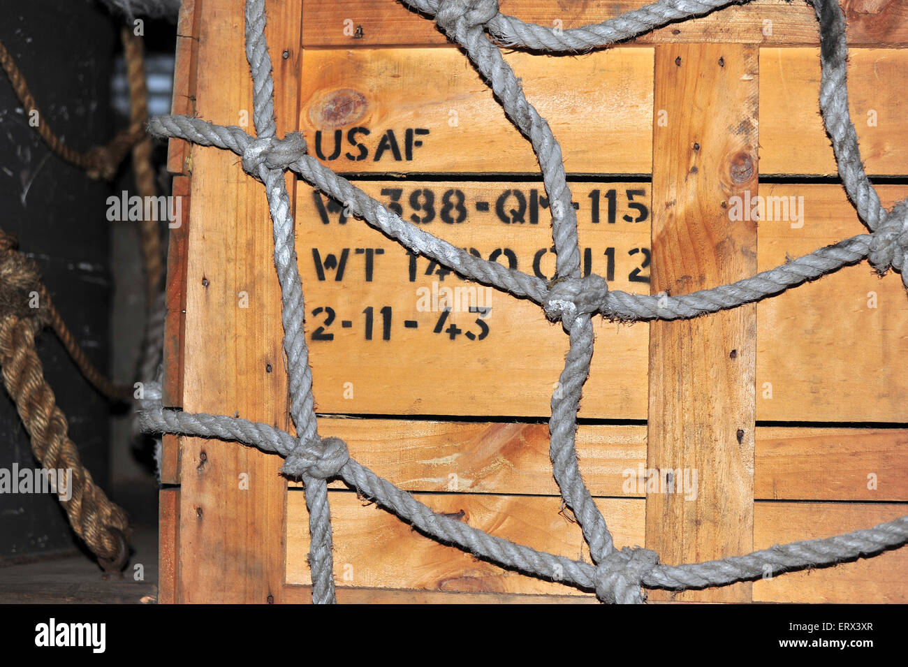 A United States Air Force wooden crate in a rope net kept in the M ...