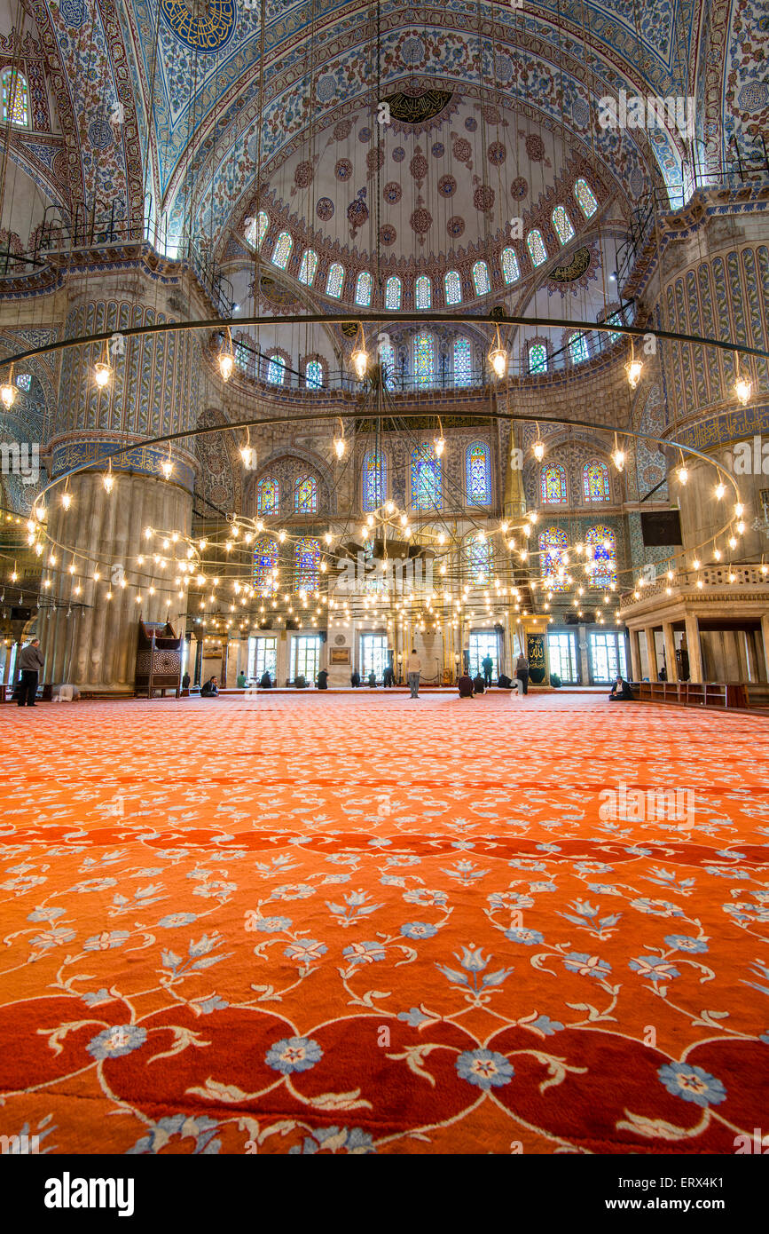 Low angle view of the prayer area inside the Sultan Ahmed Mosque or ...