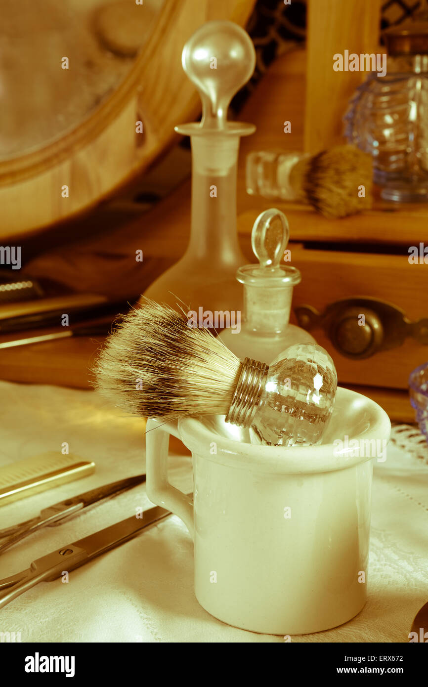 Old times barber shop with shaving brush and other antique tools Stock ...