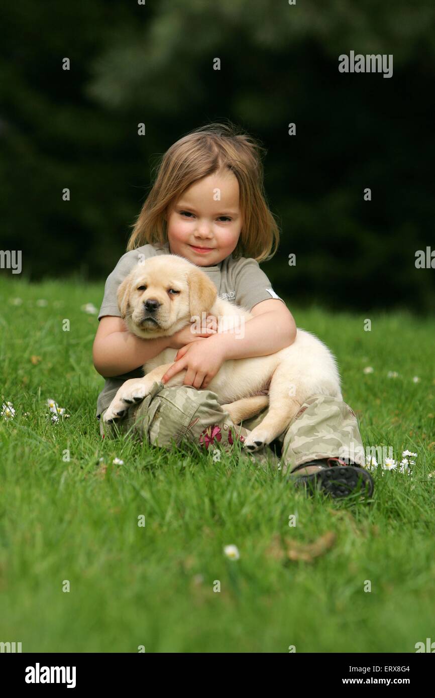 girl with Labrador Retriever puppy Stock Photo - Alamy