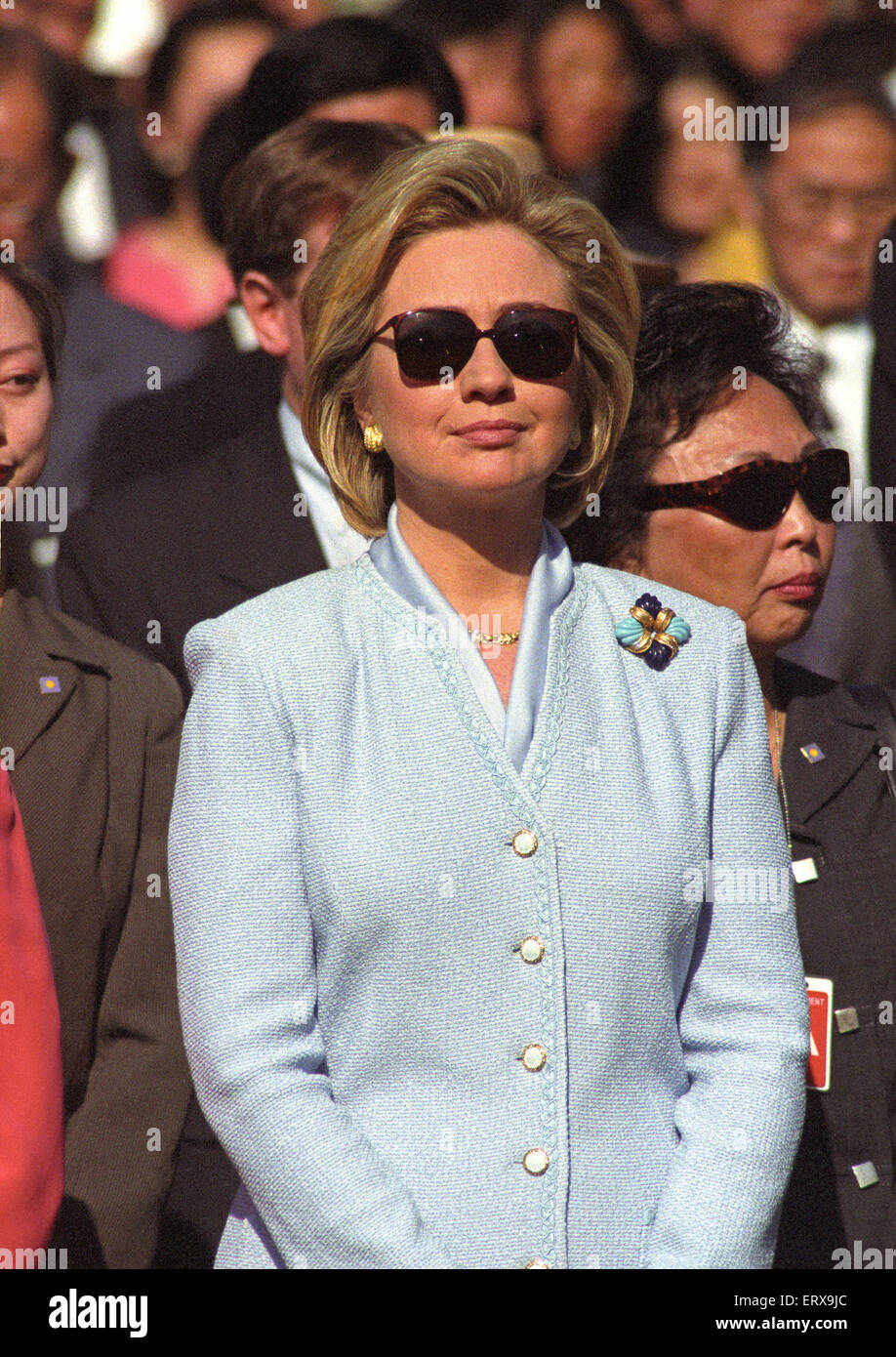 First lady Hillary Rodham Clinton watches the Official Arrival Ceremony ...