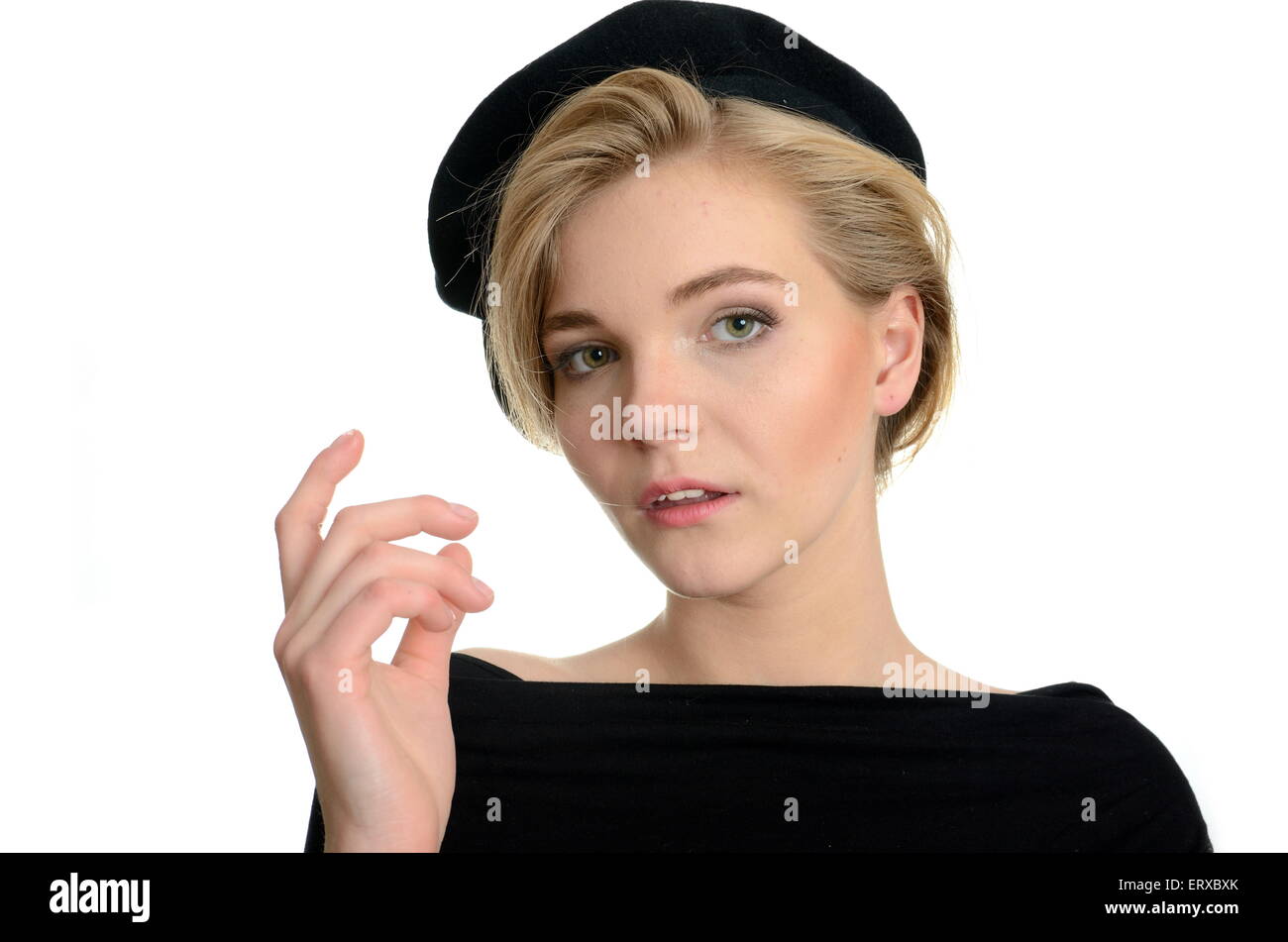 Elegant female model with kind face expression. Young girl with blond ...