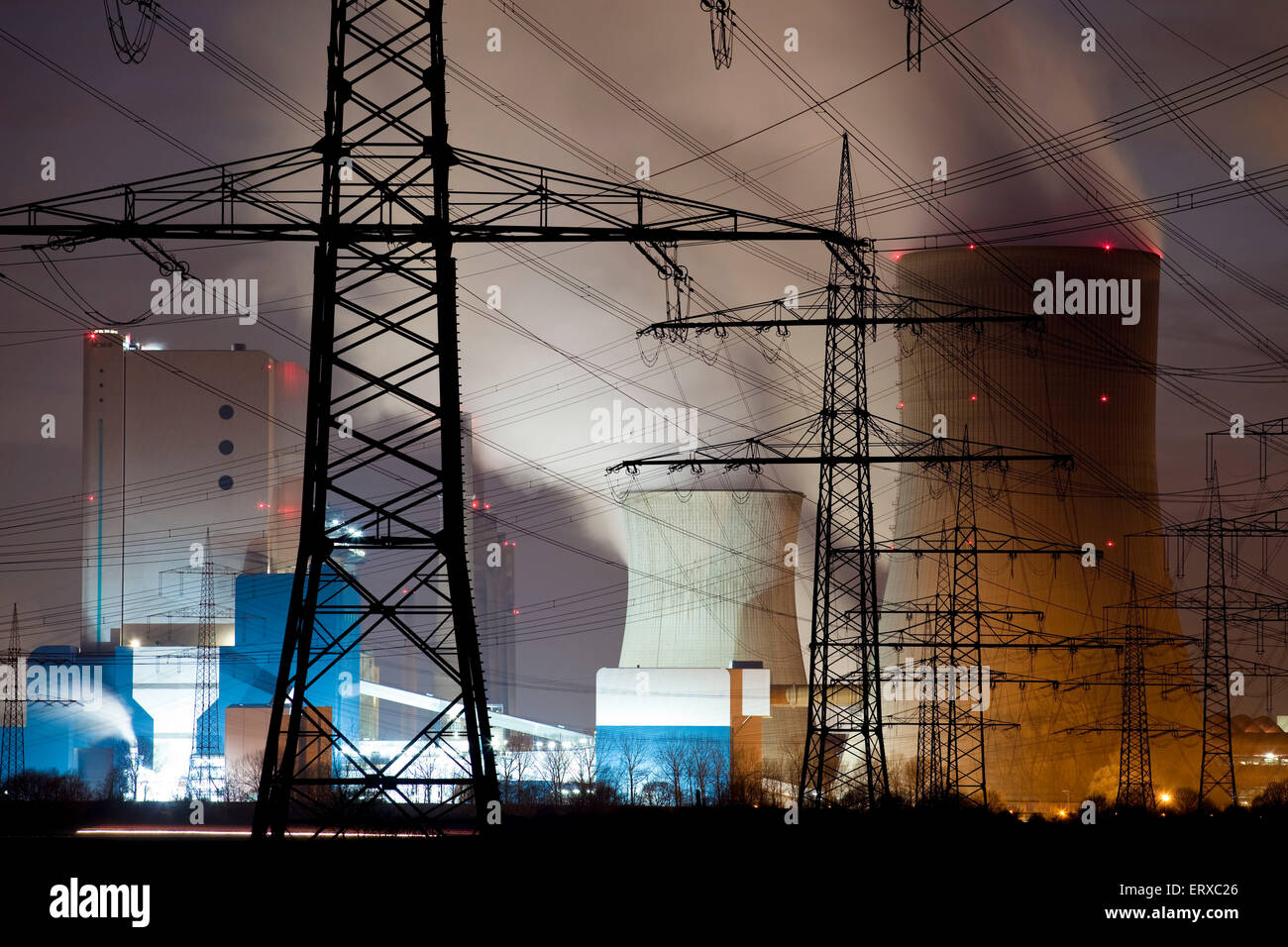 Europe, Germany, North Rhine-Westphalia, pylons of transmission lines ...