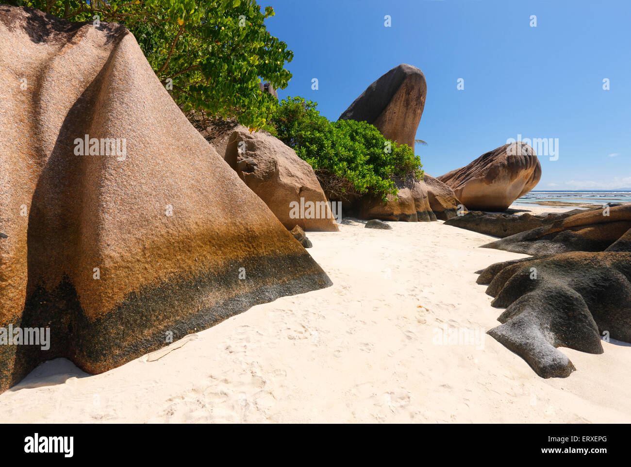 Seychelles scenic beach, La Digue Stock Photo - Alamy