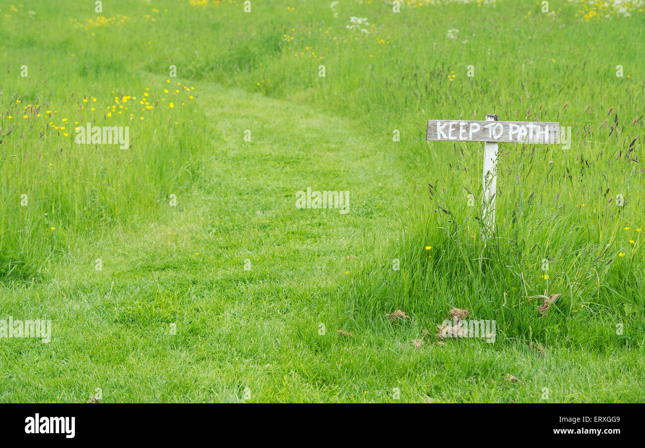 Keep to path warning sign in a garden through a wildflower meadow ...