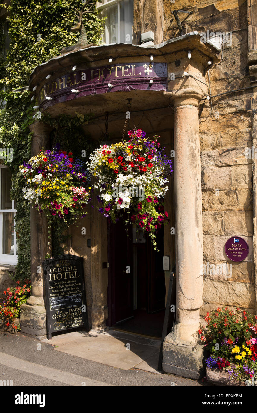 UK, England, Derbyshire, Buxton, The Square, Old Hall Hotel, stag above ...