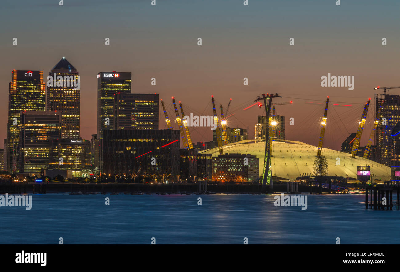 LONDON, UK - JUNE 06, 2015: Millennium Dome at dusk, view across river ...