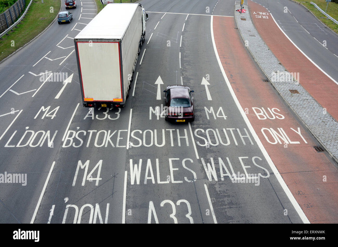 Road markings on the A33 as you join the M4 junction 11 roundabout at ...
