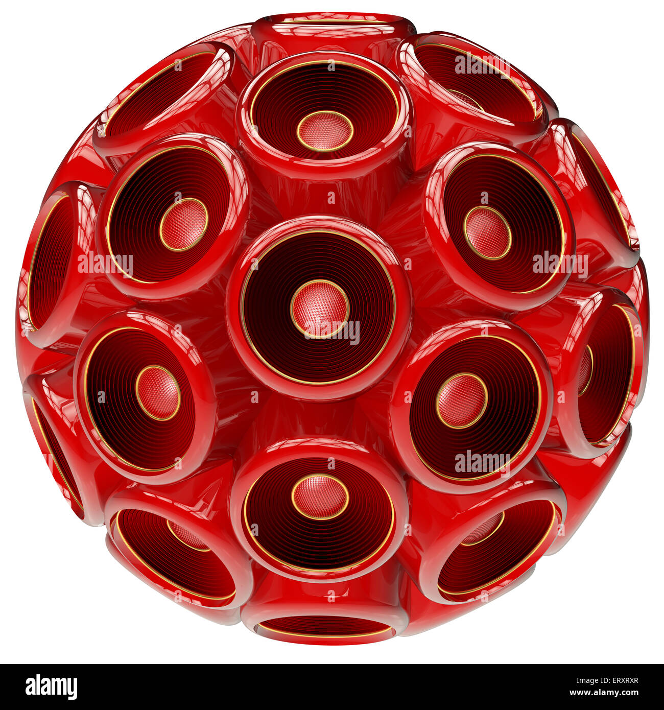 Red Speaker sphere concept of music and surround sound power generated ...