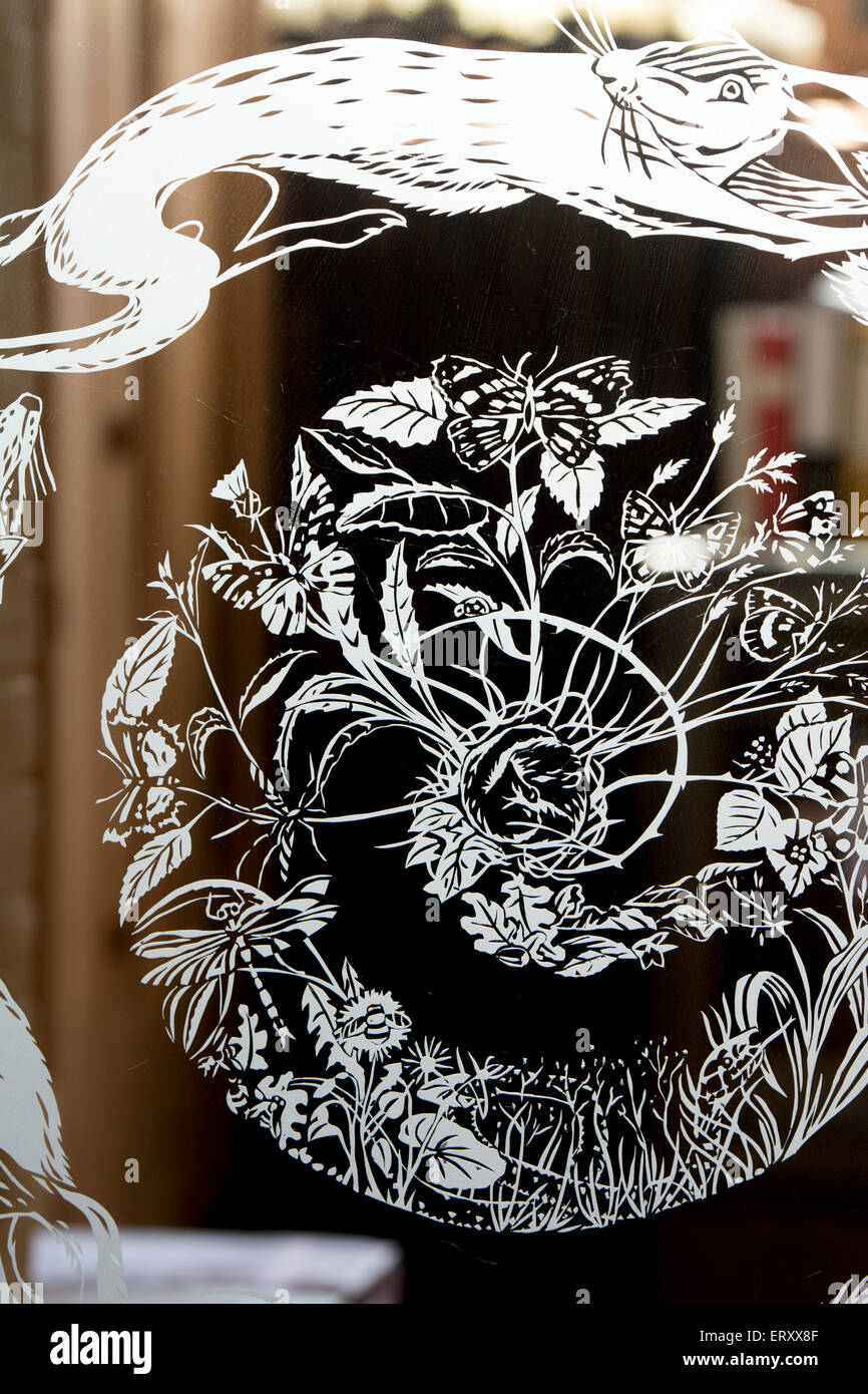 Etched glass memorial screen detail, St. Peter`s Church, Kinver ...