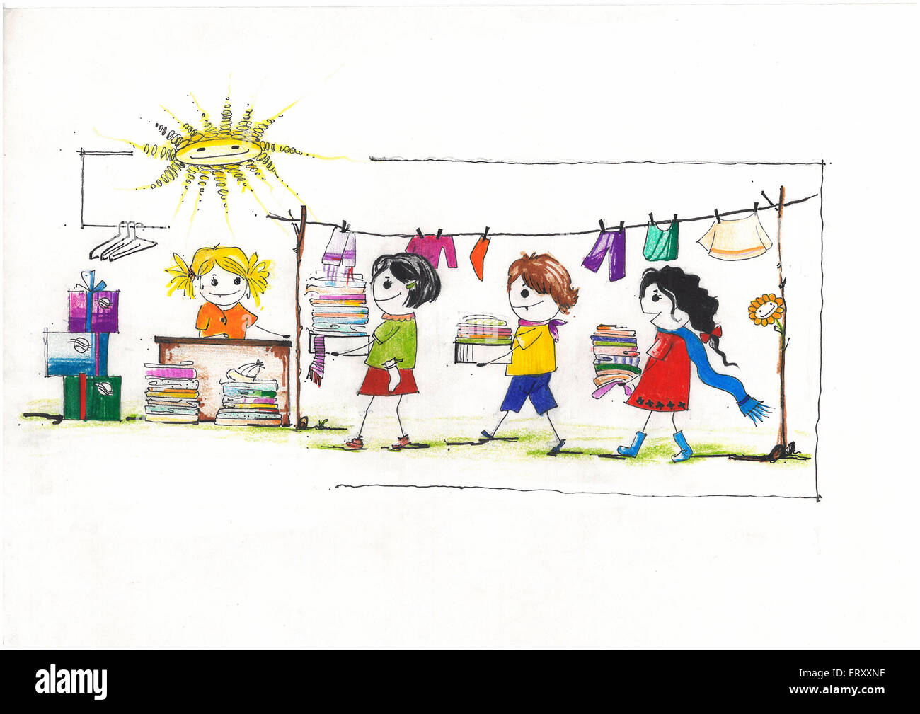 children donating their colourful clothes for charity Stock Photo - Alamy