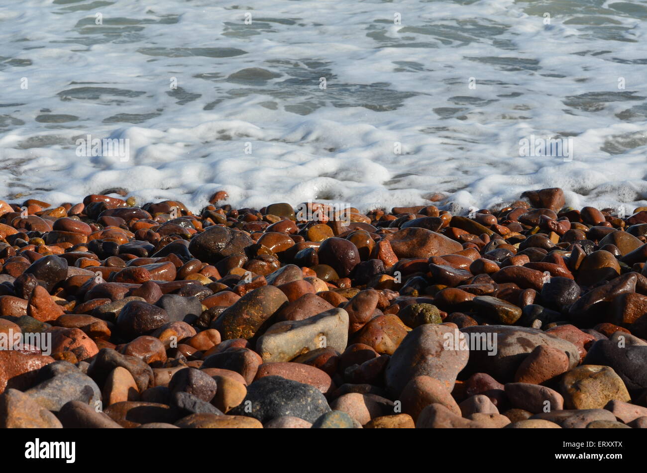 Contrast of texture at the beach. Sound of water running through rocks ...