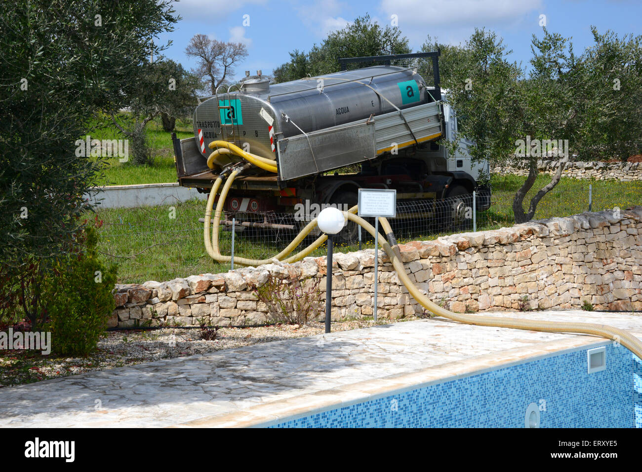 Tanker delivering water to fill a swimming pool, Puglia, Italy Stock ...