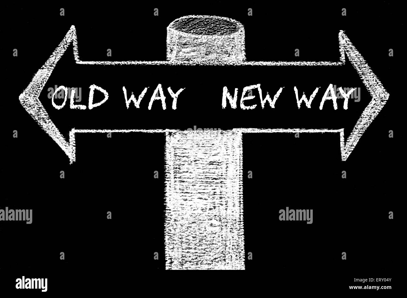 Opposite arrows with Old Way versus New Way. Hand drawing with chalk on ...