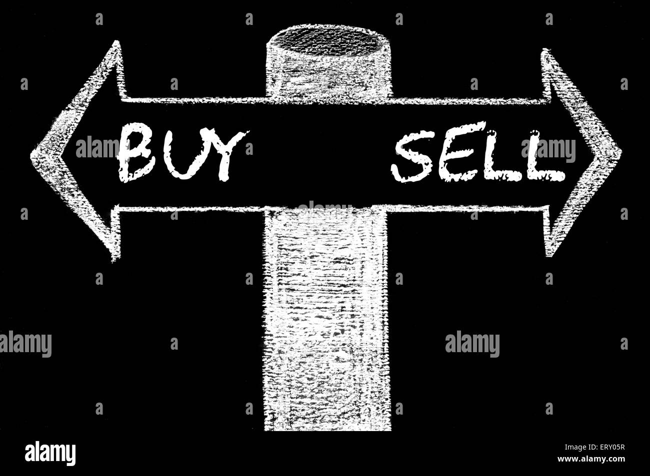Opposite arrows with Buy versus Sell. Hand drawing with chalk on ...