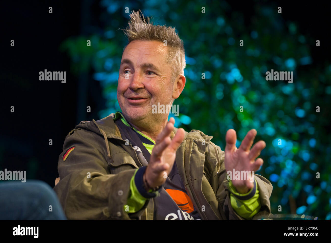 Nigel Kennedy, violinist, musician, speaking on stage at Hay Festival ...