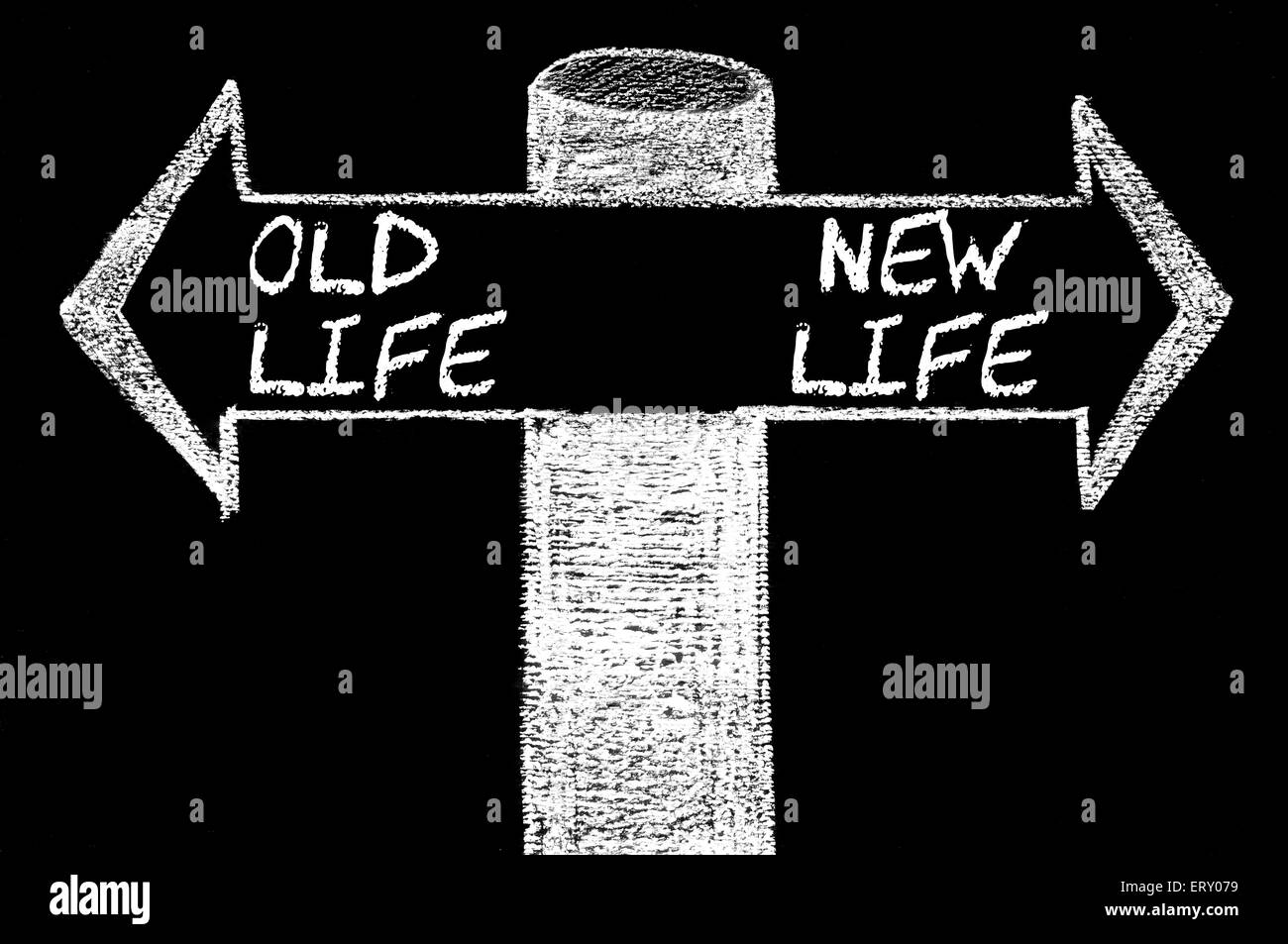 Opposite arrows with Old Life versus New Life. Hand drawing with chalk ...