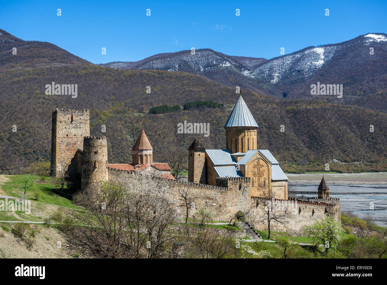 Fortifications of medieval Ananuri Castle complex on the Aragvi River ...