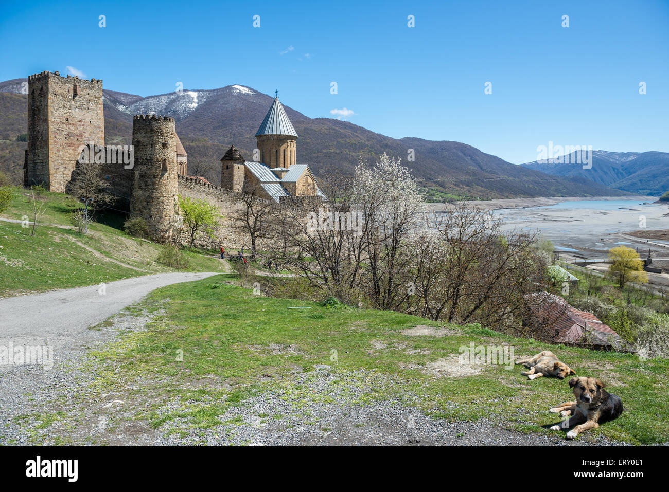 Fortifications of medieval Ananuri Castle complex on the Aragvi River ...