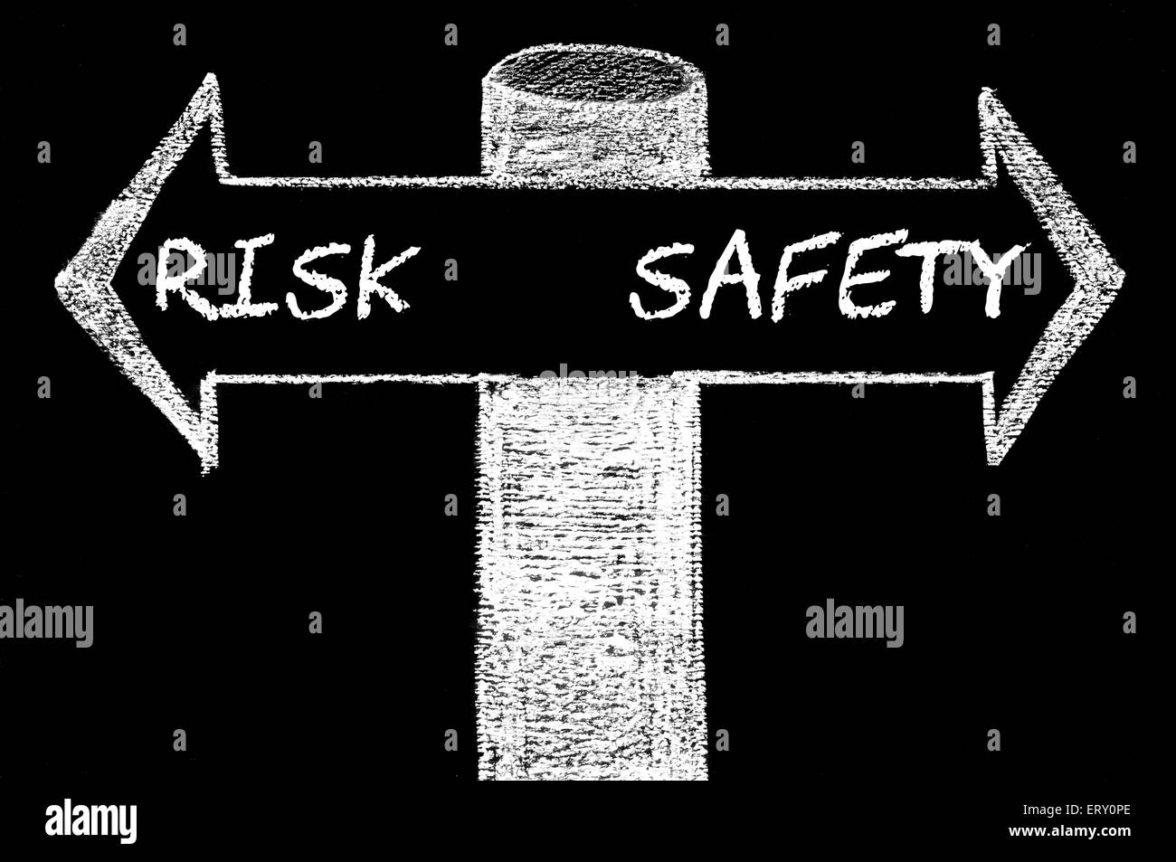 Opposite arrows with Risk versus Safety. Hand drawing with chalk on ...