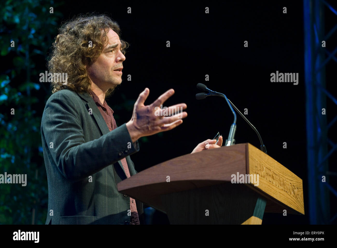 Jamie Byng speaking at Letters Live event at Hay Festival 2015 Stock ...