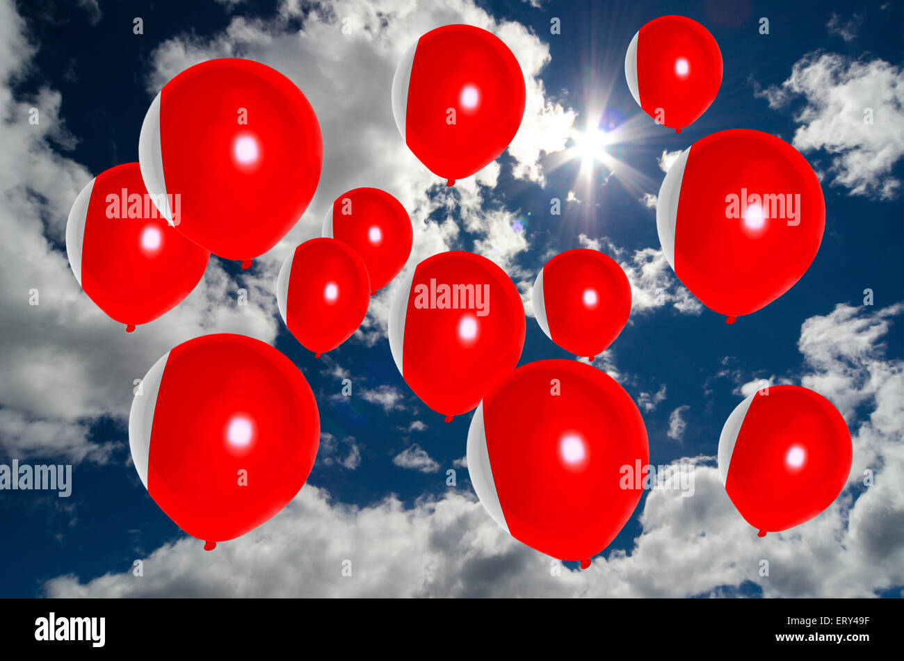 many ballons in colors of bahrain flag flying on sky Stock Photo - Alamy