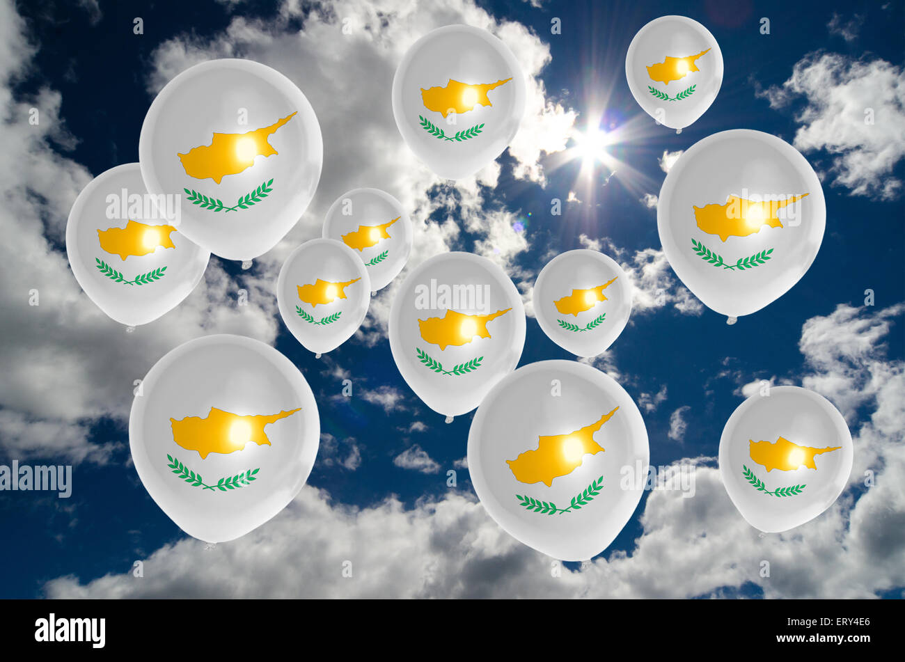 many ballons in colors of cyprus flag flying on sky Stock Photo - Alamy