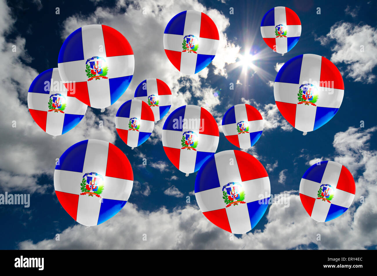 many ballons in colors of dominican flag flying on sky Stock Photo - Alamy
