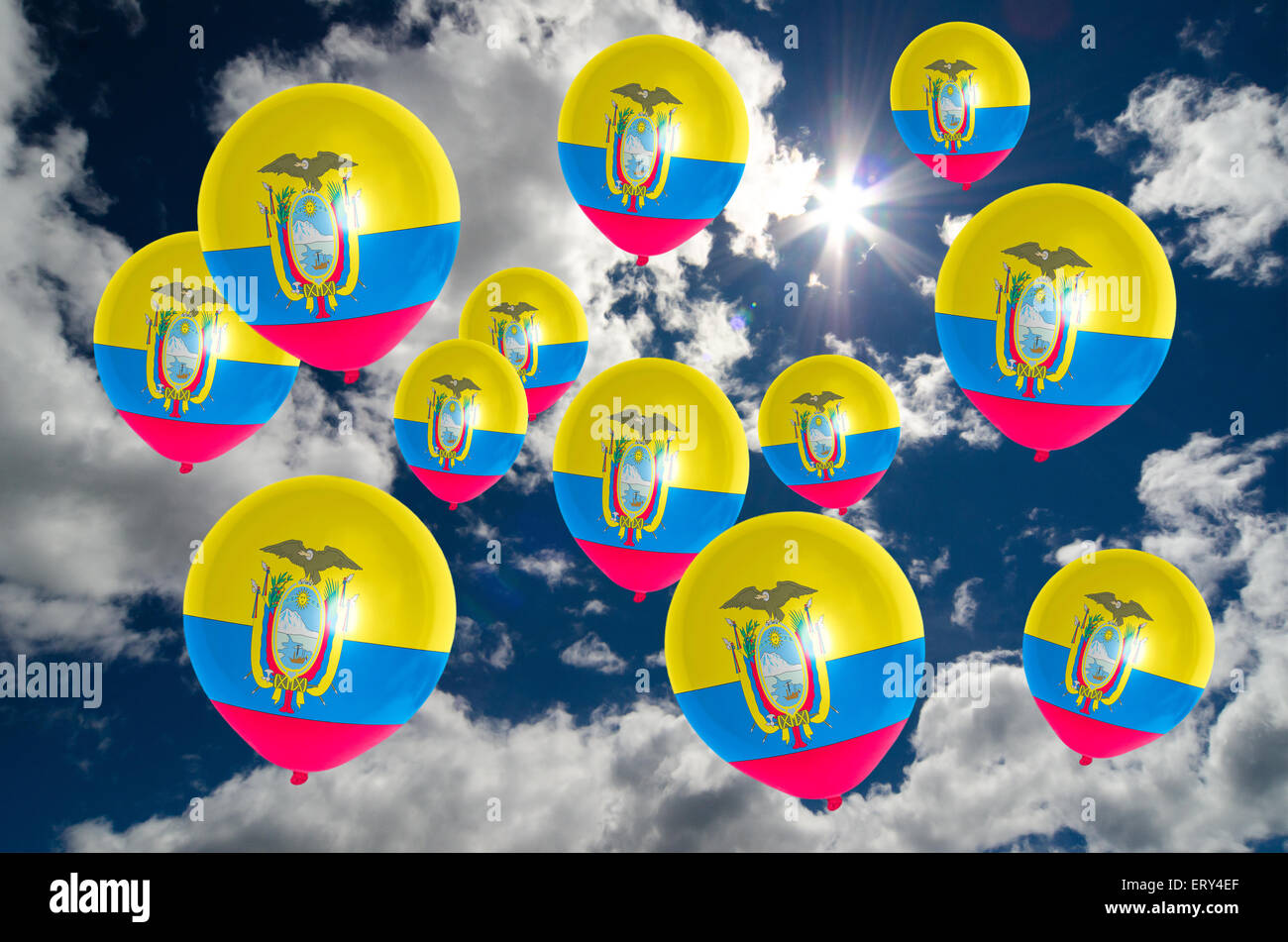 many ballons in colors of ecuador flag flying on sky Stock Photo - Alamy