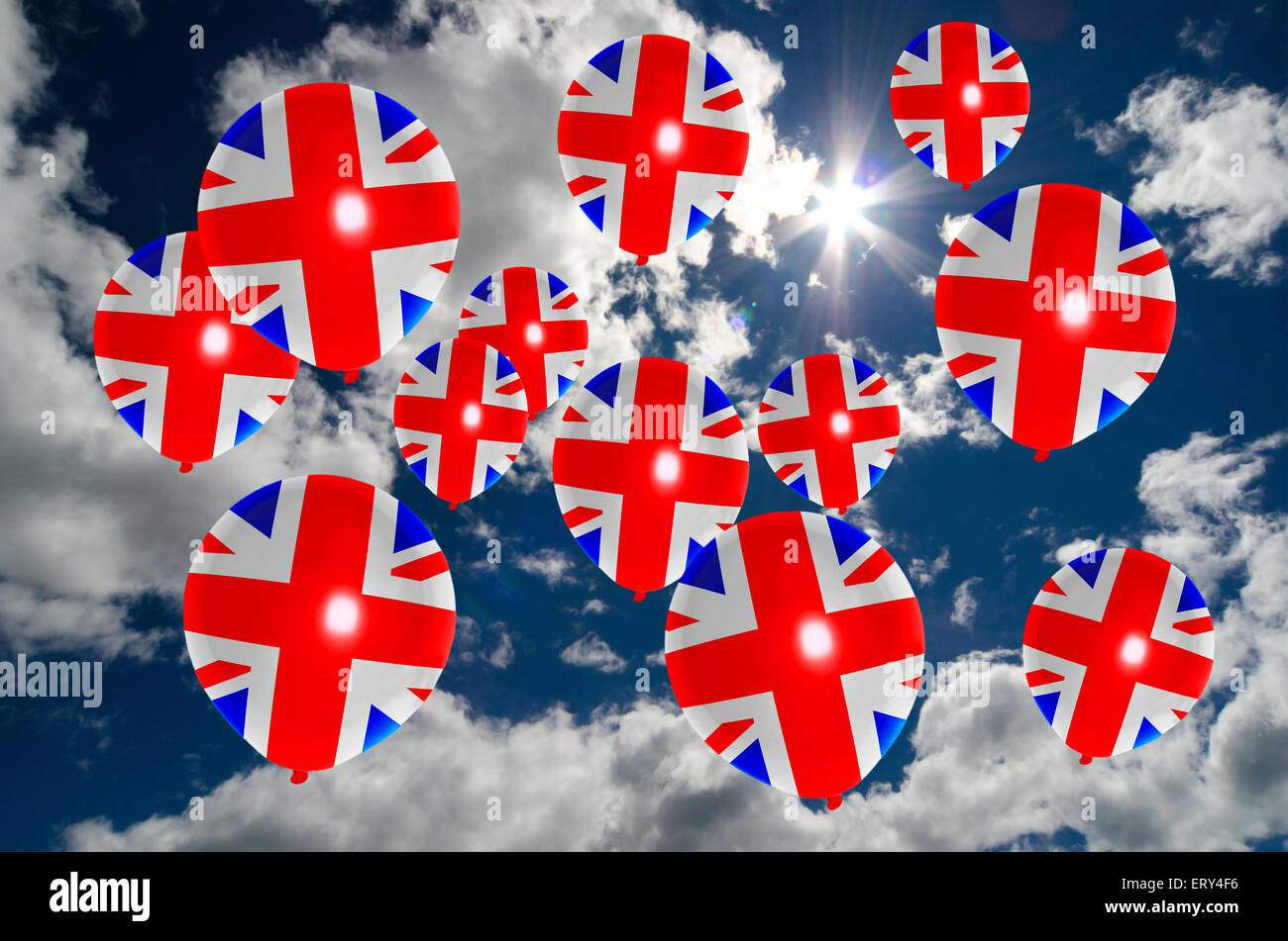 many ballons in colors of united kingdom flag flying on sky Stock Photo ...