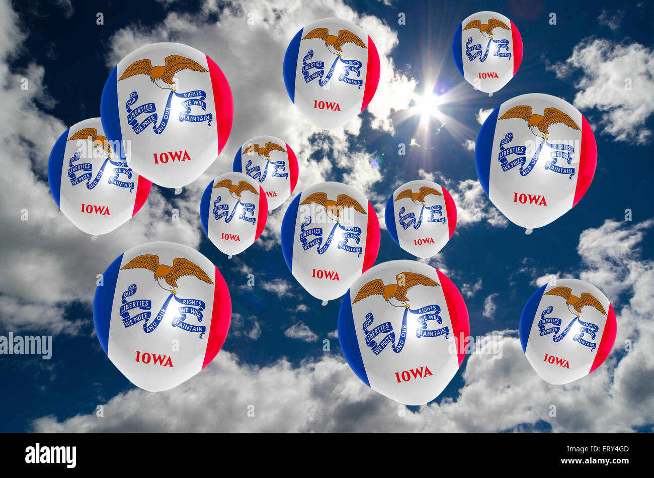 many ballons in colors of iowa flag flying on sky Stock Photo - Alamy