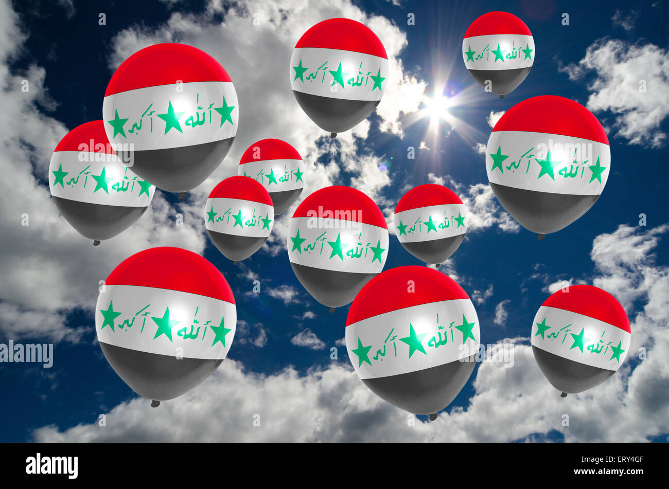 many ballons in colors of iraq flag flying on sky Stock Photo - Alamy