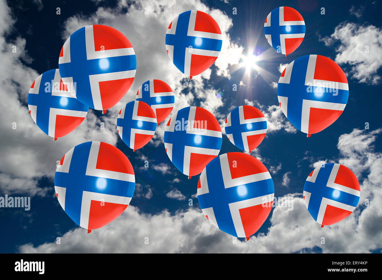 many ballons in colors of norway flag flying on sky Stock Photo - Alamy