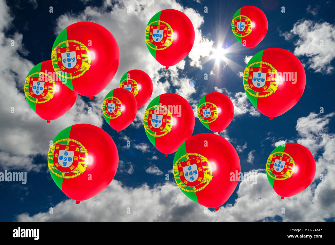 many ballons in colors of portugal flag flying on sky Stock Photo - Alamy