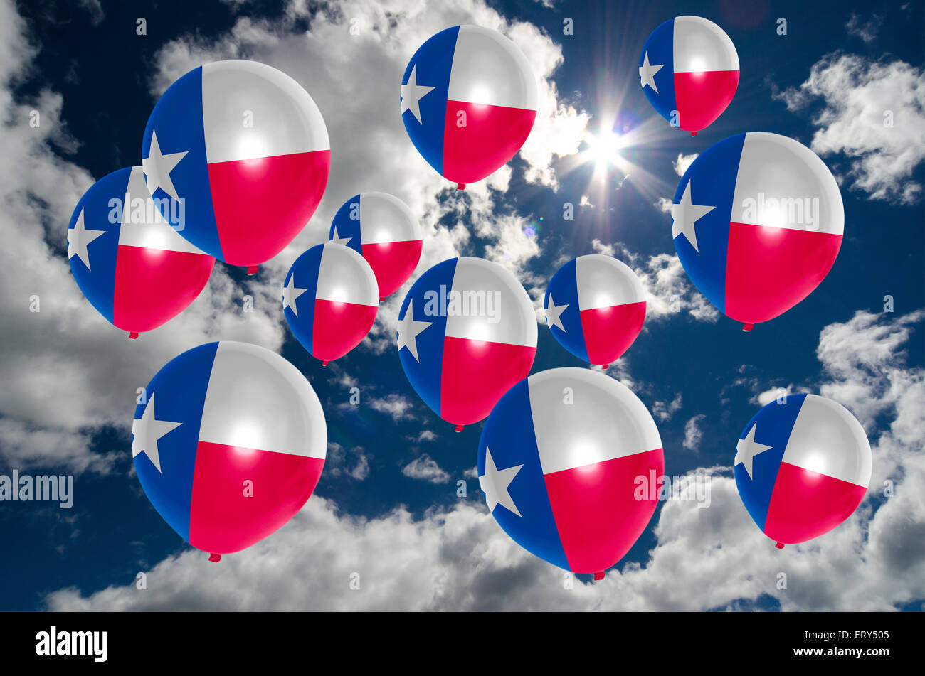many ballons in colors of texas flag flying on sky Stock Photo - Alamy