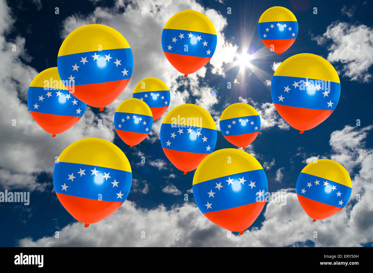 many ballons in colors of venezuela flag flying on sky Stock Photo - Alamy