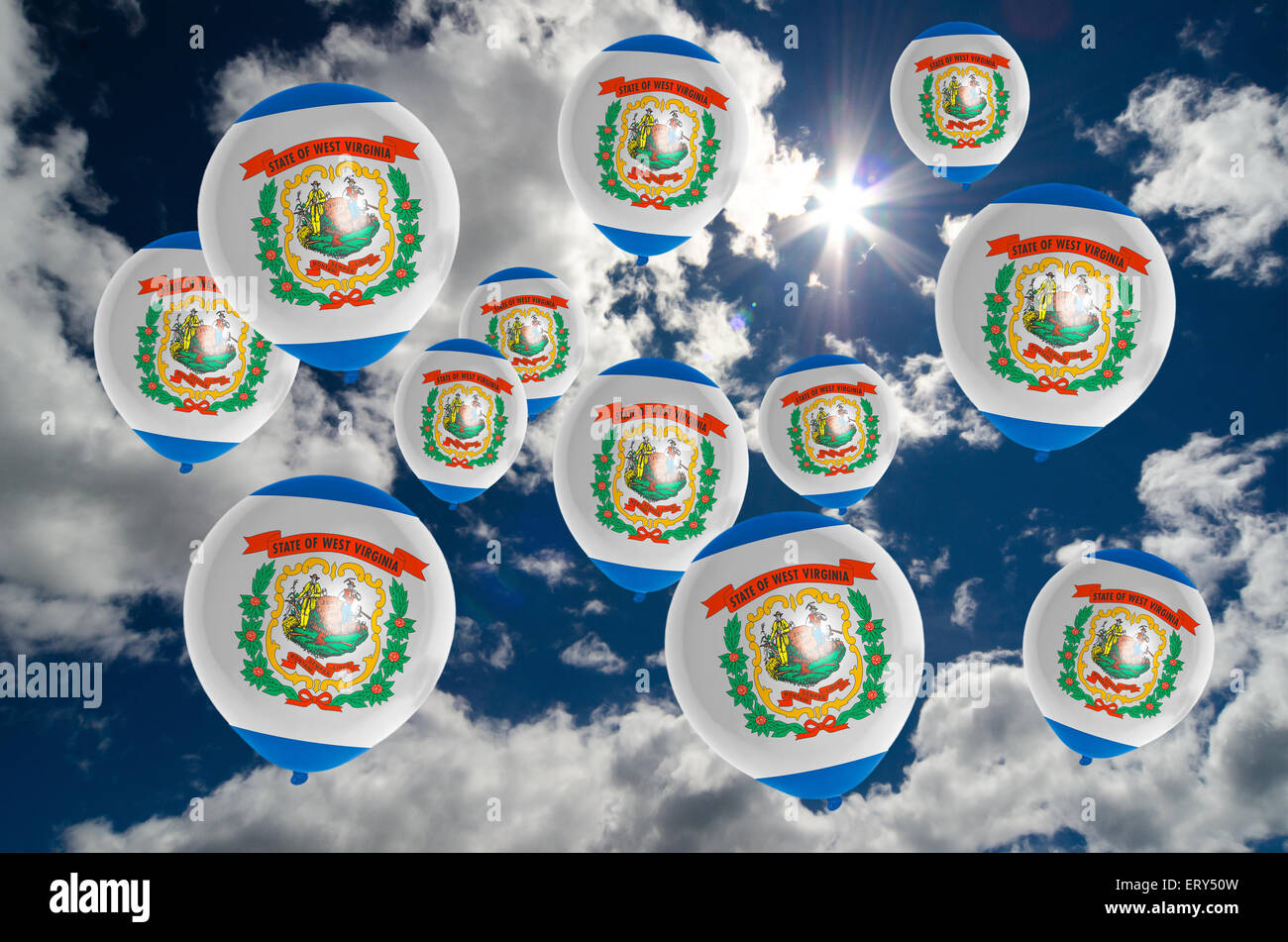 many ballons in colors of west virginia flag flying on sky Stock Photo ...