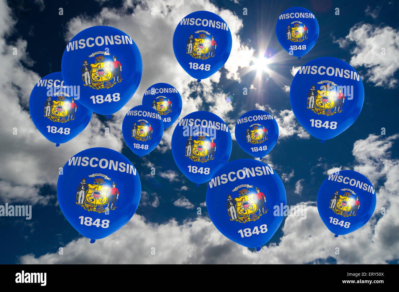 many ballons in colors of wisconsin flag flying on sky Stock Photo - Alamy