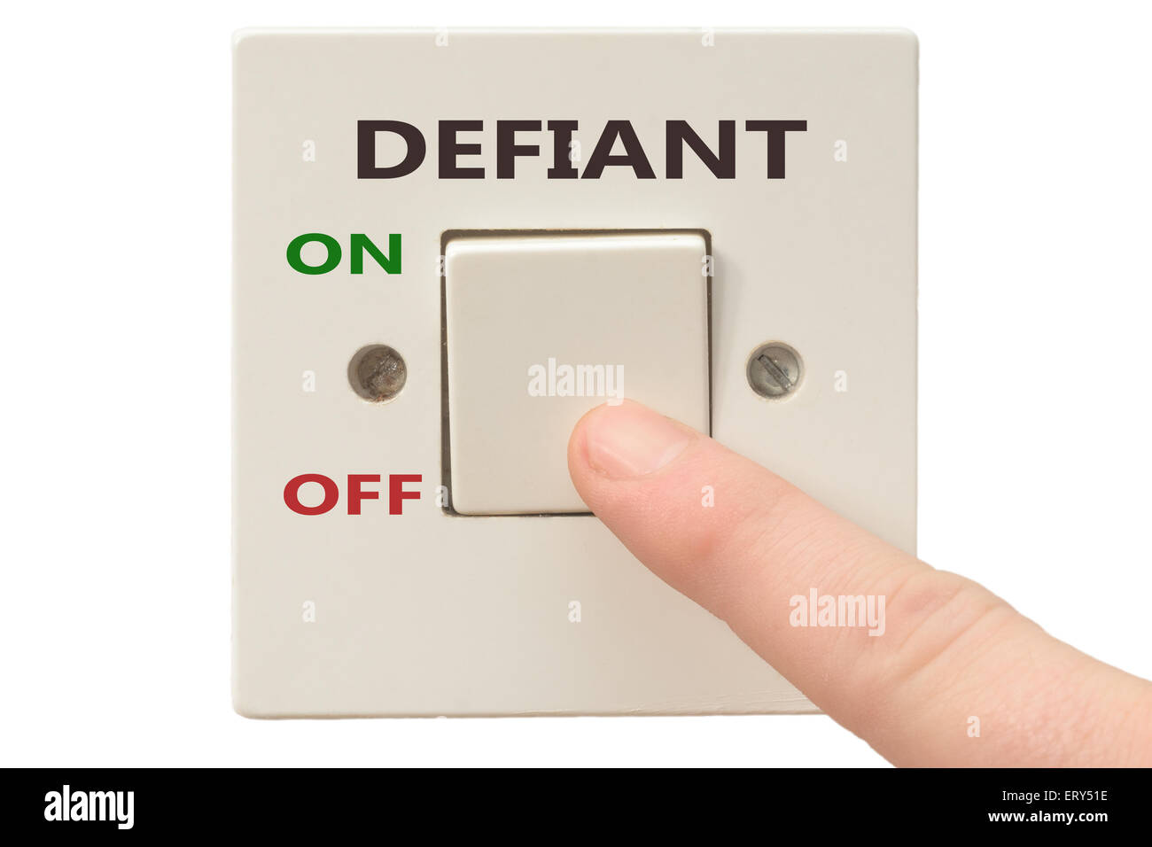 Turning off Defiant with finger on electrical switch Stock Photo - Alamy