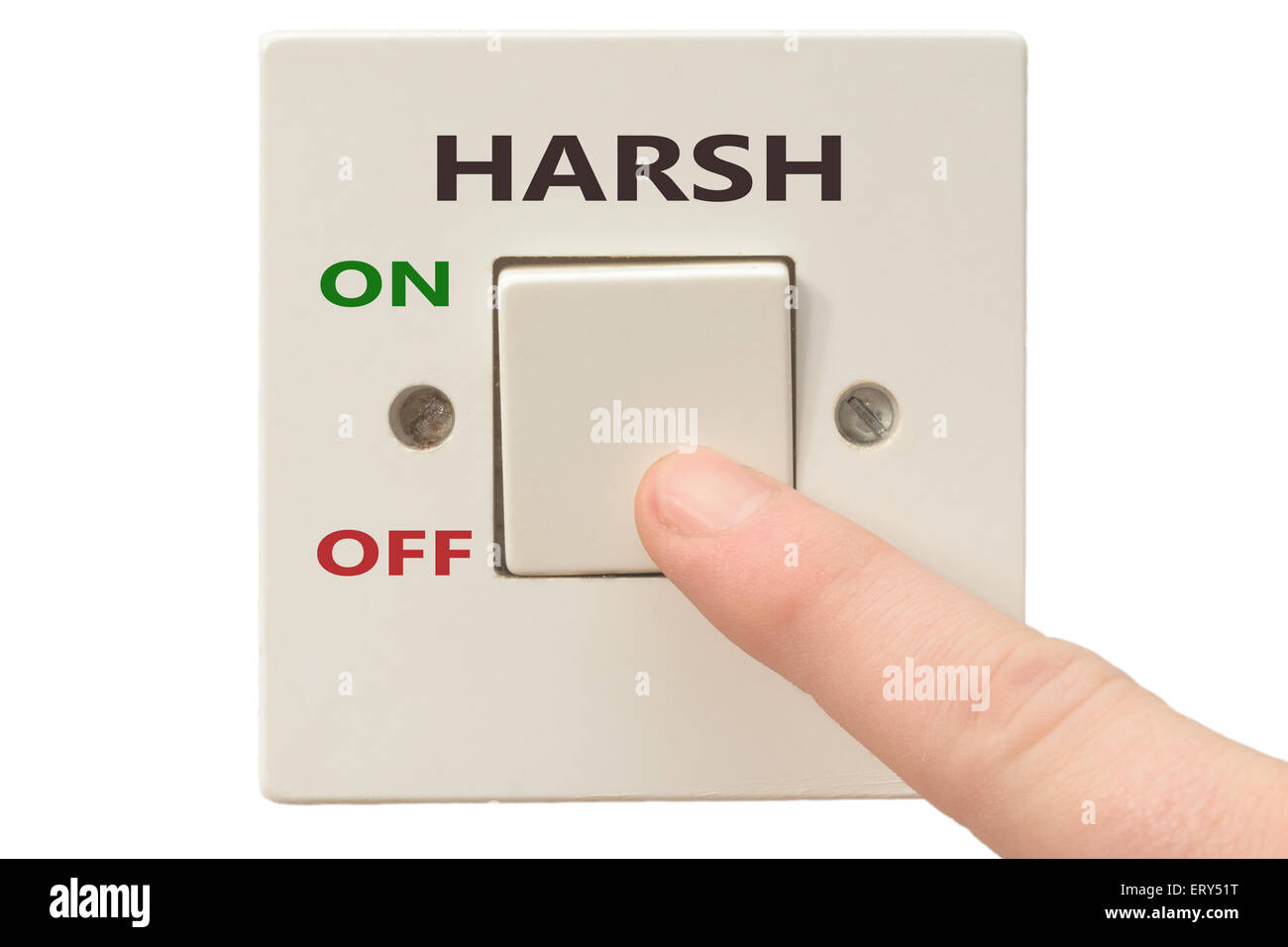 Turning off Harsh with finger on electrical switch Stock Photo - Alamy