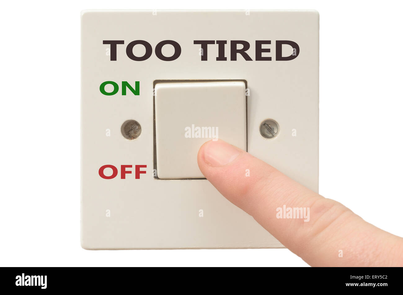 Turning off Too tired with finger on electrical switch Stock Photo - Alamy